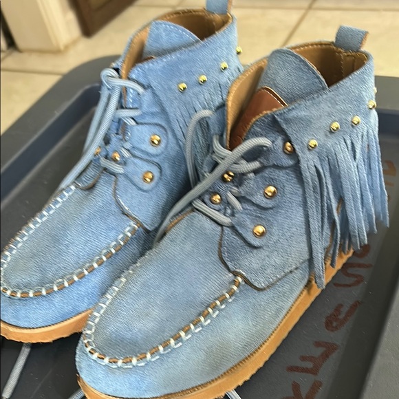 Affordable Fashion Finds | Shoes | Blue Fringe Moccasin Style Booties ...